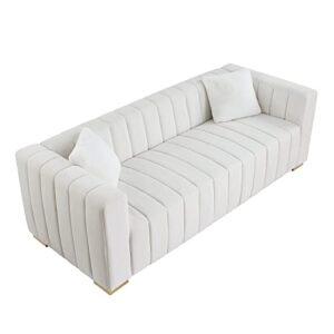 Familymill 87'' Modern Premium Velvet 3-Seater Sofa Couch with Metal Base Legs and 2 Pillows for Living Room/Bedroom, Ivory White