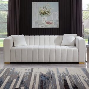 Familymill 87'' Modern Premium Velvet 3-Seater Sofa Couch with Metal Base Legs and 2 Pillows for Living Room/Bedroom, Ivory White