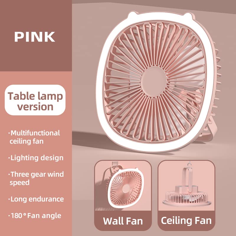 DEPOZA Rechargeable LED Desk Fan 7.5” USB Plug Table Fan with Hanging Hook Quiet 3 Speed Battery Operated for Tent Bedroom Office (Pink)