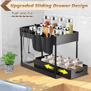 WAYCOM Under Sink Organizer with Sliding Storage Drawer, 2-Tier Sliding Cabinet Basket Organizer Shelf with 2 Hanging Cups and 4 Hooks Organizer Shelf Storage Baskets Under Sink Racks for Bathroom