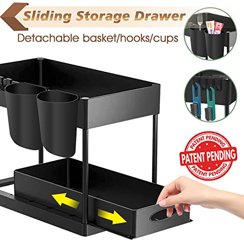 WAYCOM Under Sink Organizer with Sliding Storage Drawer, 2-Tier Sliding Cabinet Basket Organizer Shelf with 2 Hanging Cups and 4 Hooks Organizer Shelf Storage Baskets Under Sink Racks for Bathroom