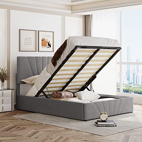 Harper & Bright Designs Full Bed with Storage Underneath, Upholstered Platform Bed with Lift Up Storage, Wooden Bed Frame with Tufted Headboard, No Box Spring Needed (Full Size, Gray)