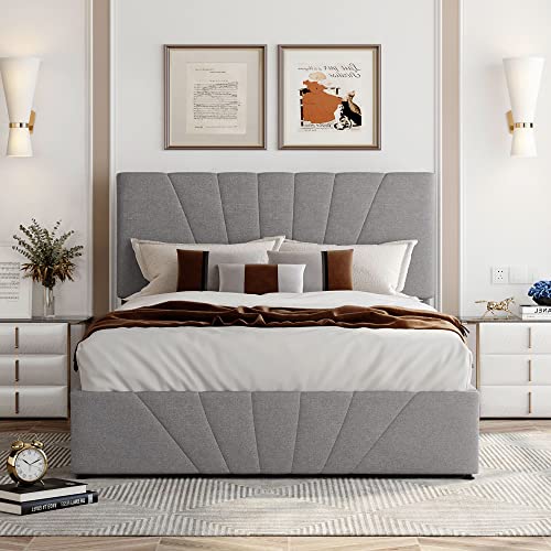 Harper & Bright Designs Full Bed with Storage Underneath, Upholstered Platform Bed with Lift Up Storage, Wooden Bed Frame with Tufted Headboard, No Box Spring Needed (Full Size, Gray)