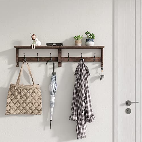 VERTORGAN Coat Hooks, Wood Rack Wall-Mounted, 31.5 Inch Entryway Shelf with 10 Hooks (Brown)