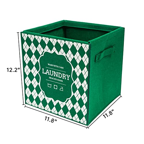 LUFOFOX Felt Fabric Bins,Set of 3,Collapsible Storage Bins with Handles,Foldable Storage Cubes for Shelves,Small Clothes Basket ,11.8"×11.8"×12.2" (Green)