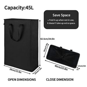 Odonata Slim Laundry Hamper Handles Collapsible Laundry Basket Thin Dirty Clothes Basket Narrow Laundry Bag Foldable Dirty Hamper 45L (Black)