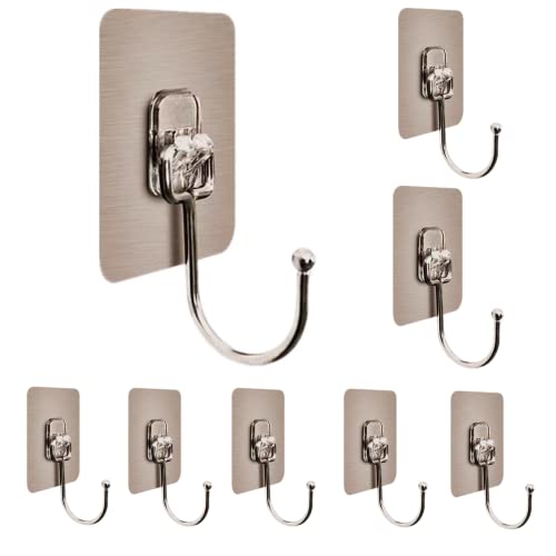 Alayaglory Large Adhesive Hooks 22Ib(Max),Waterproof and Rustproof Wall Hooks for Hanging Heavy Duty,Stainless Steel Towel and Coats Hooks to use Inside Kitchen Bathroom Home Office 8 Pack