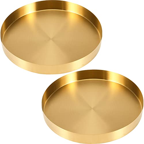 JOIKIT 2 Pack 8 Inch Round Gold Serving Tray, Stainless Steel Metal Decorative Platter, Round Metal Serving Tray Storage Trays Coffee Dish Plate for Organizing Makeups, Jewelry, Tableware