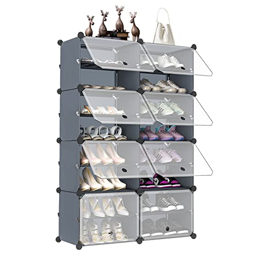 UNZIPE Shoe Rack for Entryway, 8 Cube 16-Tier Shoe Storage Cabinet 32 Pairs Plastic Freestanding Shoe Organizer DIY for Entryway Hallway Closet or Bedroom, Dark Grey