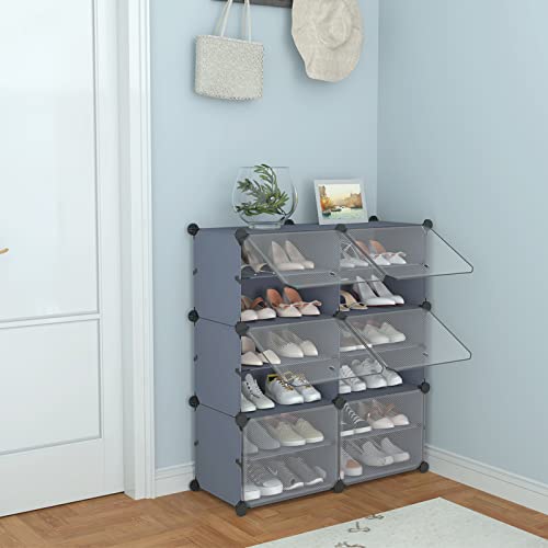 UNZIPE Shoe Rack for Entryway, 8 Cube 16-Tier Shoe Storage Cabinet 32 Pairs Plastic Freestanding Shoe Organizer DIY for Entryway Hallway Closet or Bedroom, Dark Grey