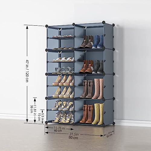 UNZIPE Shoe Rack for Entryway, 8 Cube 16-Tier Shoe Storage Cabinet 32 Pairs Plastic Freestanding Shoe Organizer DIY for Entryway Hallway Closet or Bedroom, Dark Grey