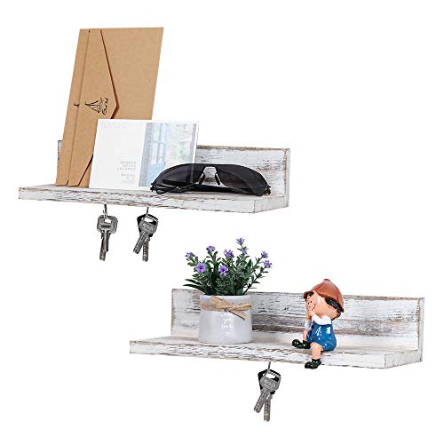 Sunexinlo Wooden Key Holder Hanger, Set of 2 Mail Holder with Key Hooks, Hanging Key and Coat Holder for Wall Decorative with Shelf(Rustic Whitewashed)