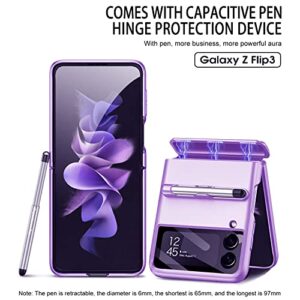 COCOING for Samsung Galaxy Z Flip 3 Case,with Stylus Fashion Business Phone case,with Hinge Protection Device and Camera Screen Protector,Case for Samsung Z Flip 3 5G（Purple）