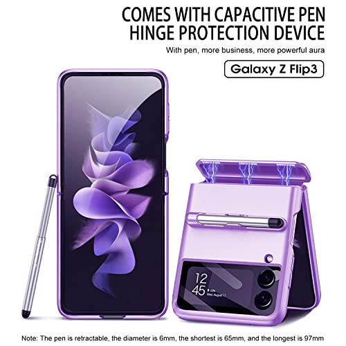 COCOING for Samsung Galaxy Z Flip 3 Case,with Stylus Fashion Business Phone case,with Hinge Protection Device and Camera Screen Protector,Case for Samsung Z Flip 3 5G（Purple）