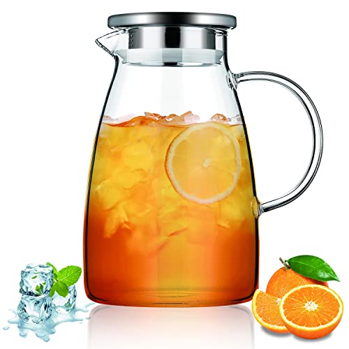 Kyraton Water Pitcher with Removable Lid 68oz/2.0L, Hot and Cold Beverages Clear Glass Pitcher, Easy Clean Heat Resistant Borosilicate Glass Jug for Tea Cafe Lemonade Milk Juice