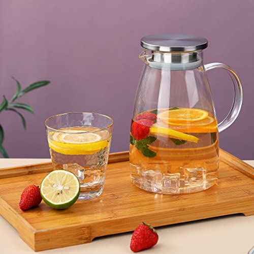 Kyraton Water Pitcher with Removable Lid 68oz/2.0L, Hot and Cold Beverages Clear Glass Pitcher, Easy Clean Heat Resistant Borosilicate Glass Jug for Tea Cafe Lemonade Milk Juice