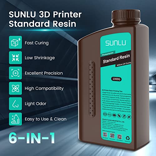 SUNLU 3D Printer Resin 1KG, 405nm UV Curing Standard Photopolymer Rapid Resin for 4K/8K LCD/DLP/SLA 3D Printing, High Precision, Low Shrinkage, Grey 1000g