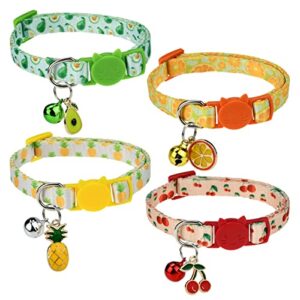 cooshou 4pcs breakaway cat collars with bells kitten collar breakaway friut plaid collar with pineapple, cherry, lemon, avocado adjustable collars for female girl cats male boy cats