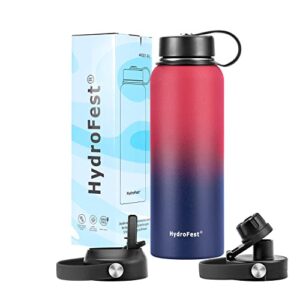 hydrofest water bottle with straw, thermos water bottle 40 oz, wide mouth double vacuum stainless steel water flask with straw lid, spout lid and flex cap, bpa free & leak proof (red/blue)