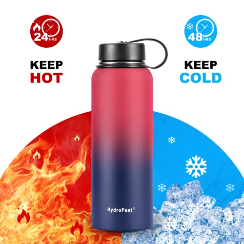 HydroFest Water Bottle with Straw, Thermos Water Bottle 40 oz, Wide Mouth Double Vacuum Stainless Steel Water Flask With Straw lid, Spout lid and Flex Cap, BPA Free & Leak Proof (Red/Blue)