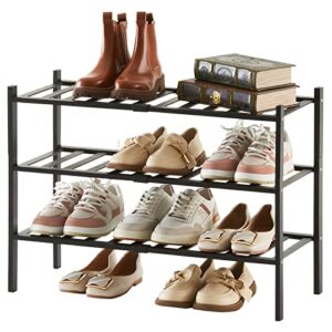 quiseolu bamboo shoe rack 3 tier stackable shoe shelf 1 + 2 tier small shoe racks diy free standing shoe stand for closet entryway bedroom floor dorm black shoe organizer d11 * w27.2 * h18.3 inches