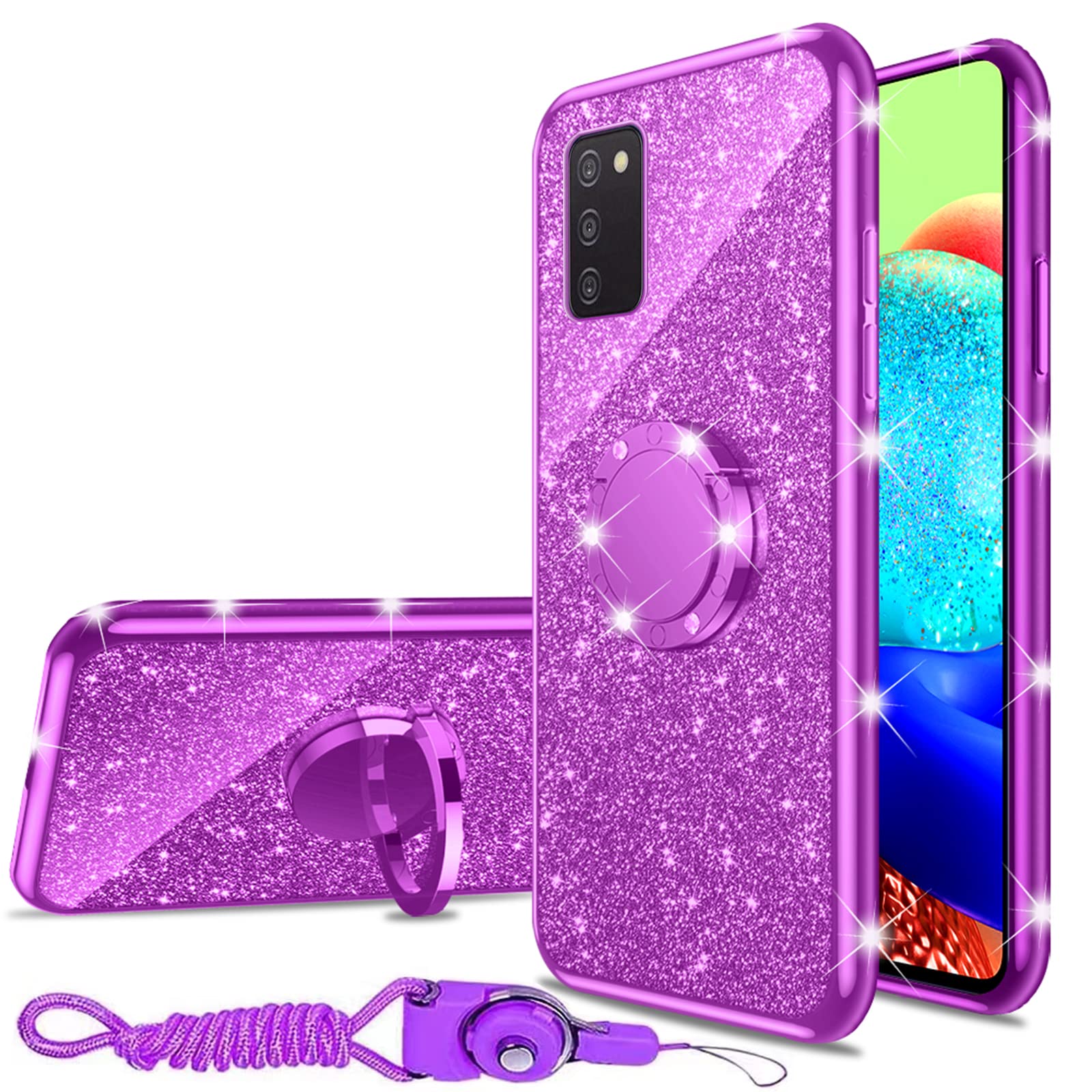 for Samsung A03S Case, Galaxy A03S Case Luxury Cute Soft TPU Silicone Glitter Cover for Girls Women with Diamond Ring Stand Bumper Shockproof Full Body Protection Case for Samsung Galaxy A03S - Purple