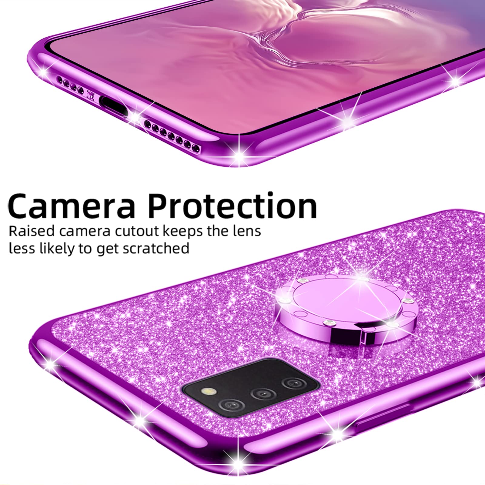 for Samsung A03S Case, Galaxy A03S Case Luxury Cute Soft TPU Silicone Glitter Cover for Girls Women with Diamond Ring Stand Bumper Shockproof Full Body Protection Case for Samsung Galaxy A03S - Purple