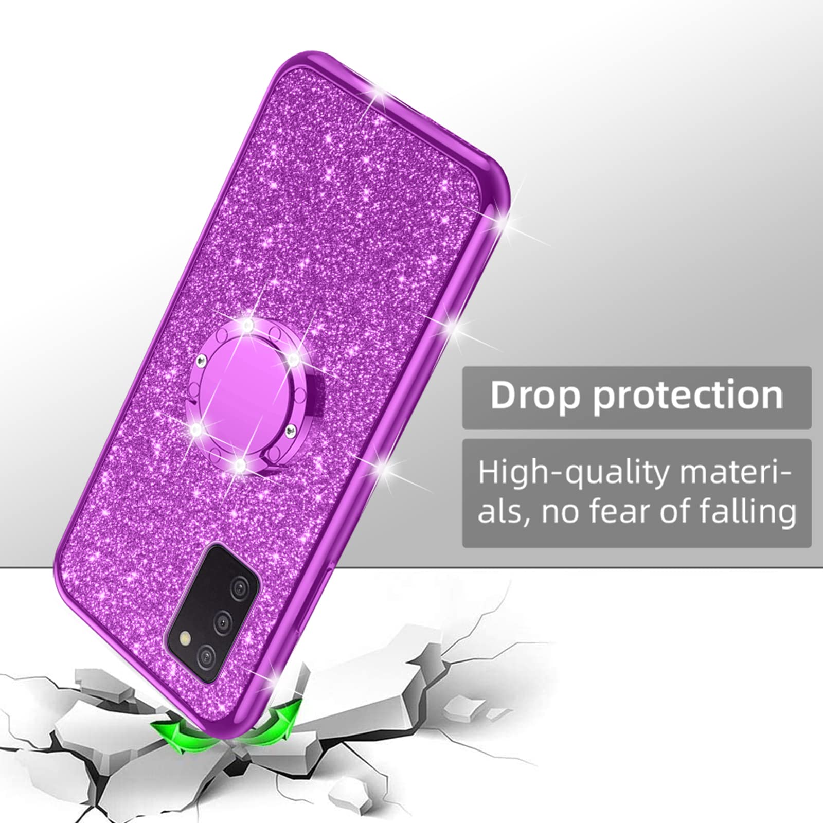 for Samsung A03S Case, Galaxy A03S Case Luxury Cute Soft TPU Silicone Glitter Cover for Girls Women with Diamond Ring Stand Bumper Shockproof Full Body Protection Case for Samsung Galaxy A03S - Purple