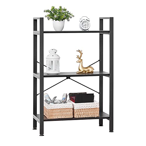 BEWISHOME 3 Tier Bookshelf Open Organizer, Black Small Bookshelf for Small Spaces, Industrial Wooden Storage Bookcase with Metal Frame for Bedroom Living Room and Home Office JCJ42B