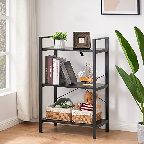 BEWISHOME 3 Tier Bookshelf Open Organizer, Black Small Bookshelf for Small Spaces, Industrial Wooden Storage Bookcase with Metal Frame for Bedroom Living Room and Home Office JCJ42B