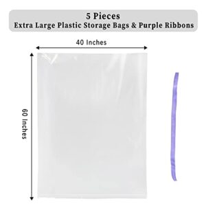 Extra Large Clear Plastic Storage Bags,5Pieces 40x60 Inches Big Giant Jumbo Huge Plastic Storage Bags for Luggage, Suitcase,Furniture,5 Ribbons Included