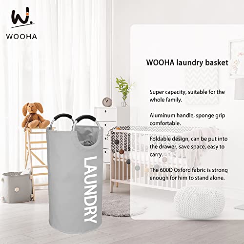 WOOHA 90L Large laundry basket,Collapsible laundry hamper, Tall Clothes Baskets Folding Washing Bin Foldable Fabric Hamper Bags for Bedroom, Closet,Bathroom,College,laundry bag, lightgrey