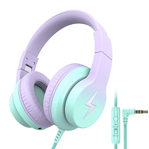 Kids Headphones, Wired Headphones for Kids Over Ear with Microphone, 85/94dB Volume Limiter Headphones for Girls Boys with Sharing Jack, Foldable Headphones for Online Study, Gradient Purple