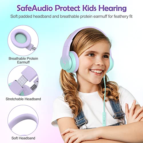 Kids Headphones, Wired Headphones for Kids Over Ear with Microphone, 85/94dB Volume Limiter Headphones for Girls Boys with Sharing Jack, Foldable Headphones for Online Study, Gradient Purple