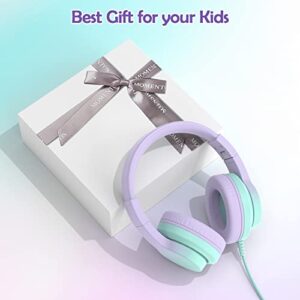 Kids Headphones, Wired Headphones for Kids Over Ear with Microphone, 85/94dB Volume Limiter Headphones for Girls Boys with Sharing Jack, Foldable Headphones for Online Study, Gradient Purple