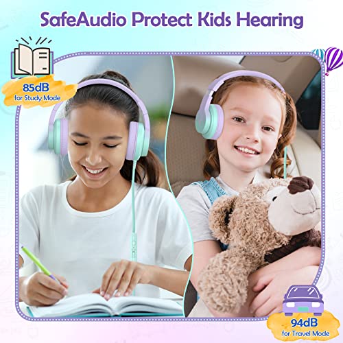 Kids Headphones, Wired Headphones for Kids Over Ear with Microphone, 85/94dB Volume Limiter Headphones for Girls Boys with Sharing Jack, Foldable Headphones for Online Study, Gradient Purple