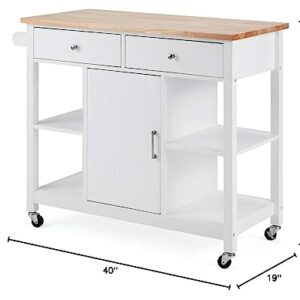 KVK Rolling Kitchen Island Cart with Towel Rack, Large Drawers, Compartment Cabinets, Open Storage Shelves, Kitchen Cart with Rubber Wood Top, Pine Legs, Lockable Wheels, White (SJHM-013WH)