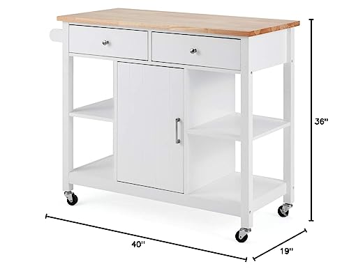 KVK Rolling Kitchen Island Cart with Towel Rack, Large Drawers, Compartment Cabinets, Open Storage Shelves, Kitchen Cart with Rubber Wood Top, Pine Legs, Lockable Wheels, White (SJHM-013WH)