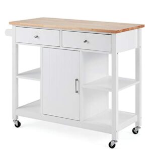 KVK Rolling Kitchen Island Cart with Towel Rack, Large Drawers, Compartment Cabinets, Open Storage Shelves, Kitchen Cart with Rubber Wood Top, Pine Legs, Lockable Wheels, White (SJHM-013WH)