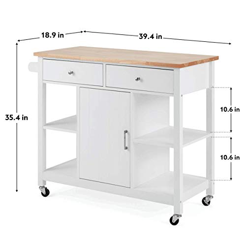 KVK Rolling Kitchen Island Cart with Towel Rack, Large Drawers, Compartment Cabinets, Open Storage Shelves, Kitchen Cart with Rubber Wood Top, Pine Legs, Lockable Wheels, White (SJHM-013WH)