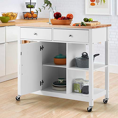 KVK Rolling Kitchen Island Cart with Towel Rack, Large Drawers, Compartment Cabinets, Open Storage Shelves, Kitchen Cart with Rubber Wood Top, Pine Legs, Lockable Wheels, White (SJHM-013WH)