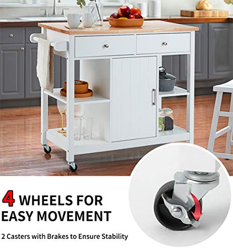 KVK Rolling Kitchen Island Cart with Towel Rack, Large Drawers, Compartment Cabinets, Open Storage Shelves, Kitchen Cart with Rubber Wood Top, Pine Legs, Lockable Wheels, White (SJHM-013WH)