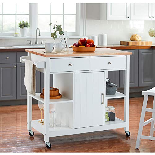 KVK Rolling Kitchen Island Cart with Towel Rack, Large Drawers, Compartment Cabinets, Open Storage Shelves, Kitchen Cart with Rubber Wood Top, Pine Legs, Lockable Wheels, White (SJHM-013WH)