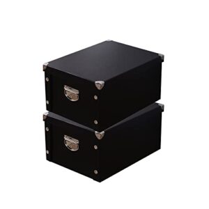 guozi collapsible storage box, decorative memory box with lid & metal reinforced corners, cardboard file bin with handles, organizer gift box for keepsake toy photos office nursery wardrobe bookshelf (2pcs-black, 35*25*17.5cm)