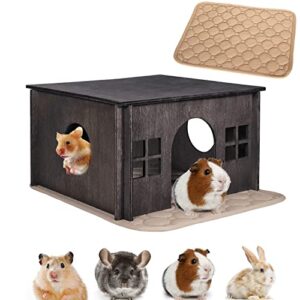 hamster hideout,wooden hamster house with windows,detachable and large size suitable for two guinea pig hideout, ventilated wood habitats decor for chinchilla, hamster mice gerbils mouse -walnut color