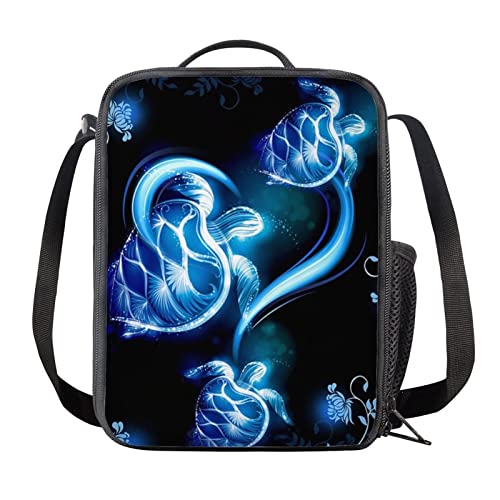 COEQINE Insulated Lunch Bag with Side Pocket for Office Work Print Turtle Blue Kids Cooler Tote Large Lunch Box Adjustable Shoulder Strap