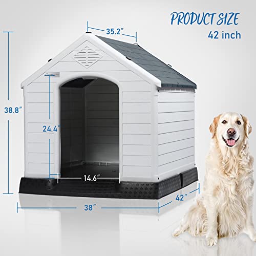 PUKAMI Durable Plastic Dog House with Elevated Floor and Air Vents for Outdoor Indoor Small Medium Large Dogs,Waterproof Ventilate & Easy Clean and Assemble(Grey, 42inch)