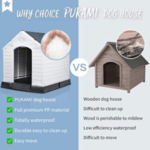 PUKAMI Durable Plastic Dog House with Elevated Floor and Air Vents for Outdoor Indoor Small Medium Large Dogs,Waterproof Ventilate & Easy Clean and Assemble(Grey, 42inch)