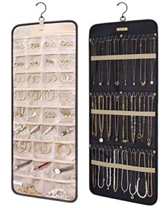 bagsmart hanging jewelry organizer storage roll with hanger metal hooks double-sided jewelry holder for earrings, necklaces, rings on closet, wall, door, 1 piece, large, black