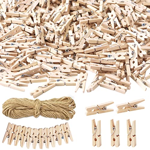 UPlama 400 Mini Clothespins with Jute Twine Mini Natural Wooden Clpthespins Photo Paper Peg Pin Clip